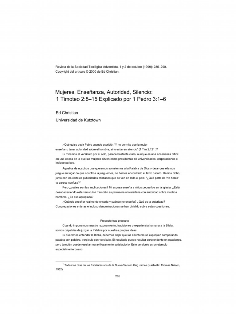 1 Timoteo 2. 8-15 Explicado Por 1 Pedro 3. 1-6 | PDF
