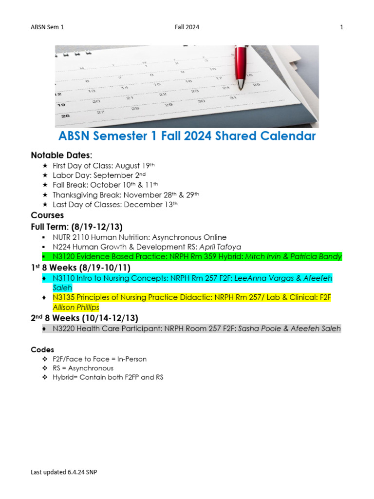 ABSN Semester 1 Fall 2024 Shared Calendar | PDF