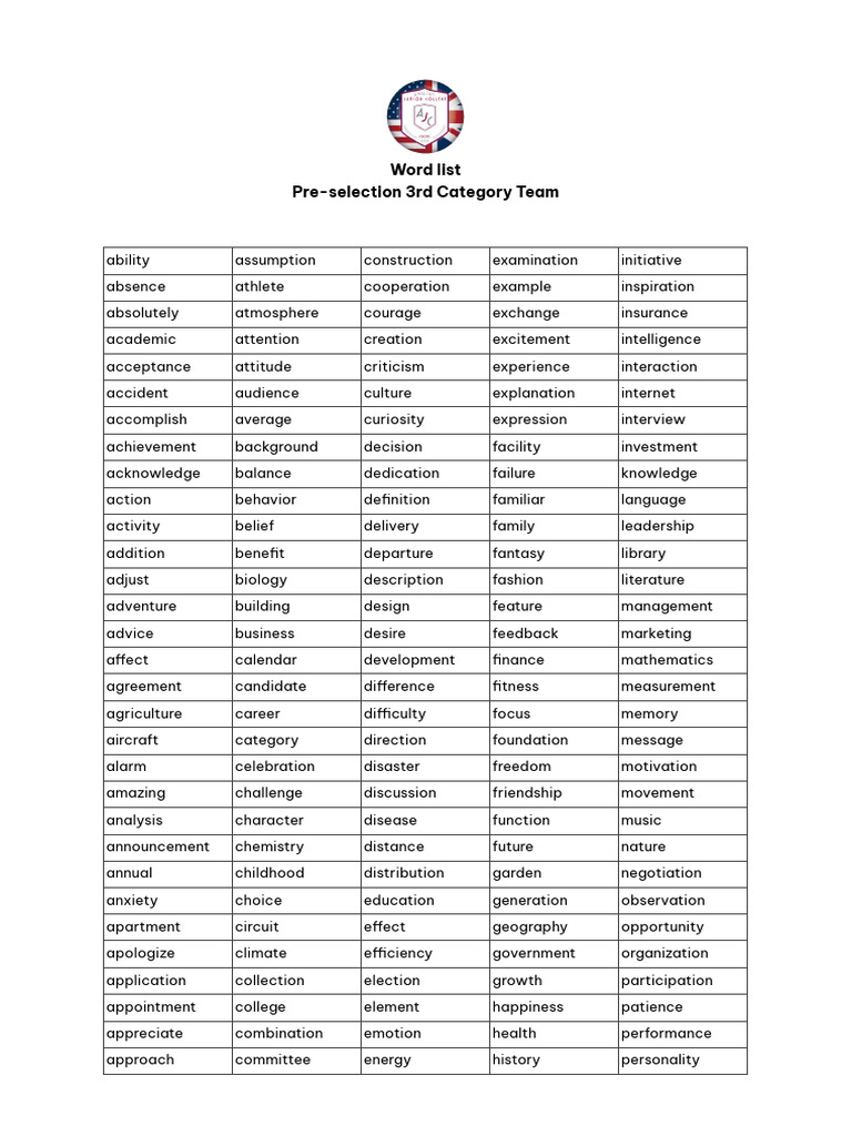 Word List Pre-Selection 3rd Category | PDF | Science & Mathematics