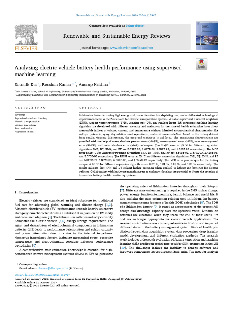 Analyzing Electric Vehicle Battery Health Performance Using Supervised Machine Learning | PDF