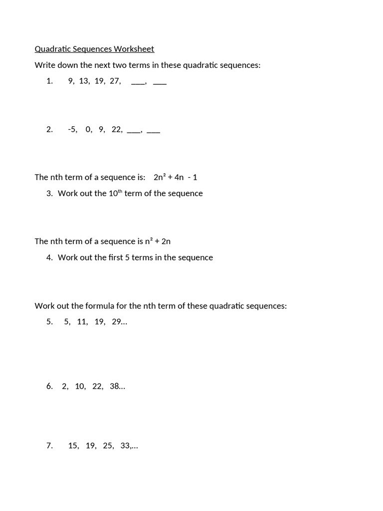 Quadratic Sequences Worksheet | PDF