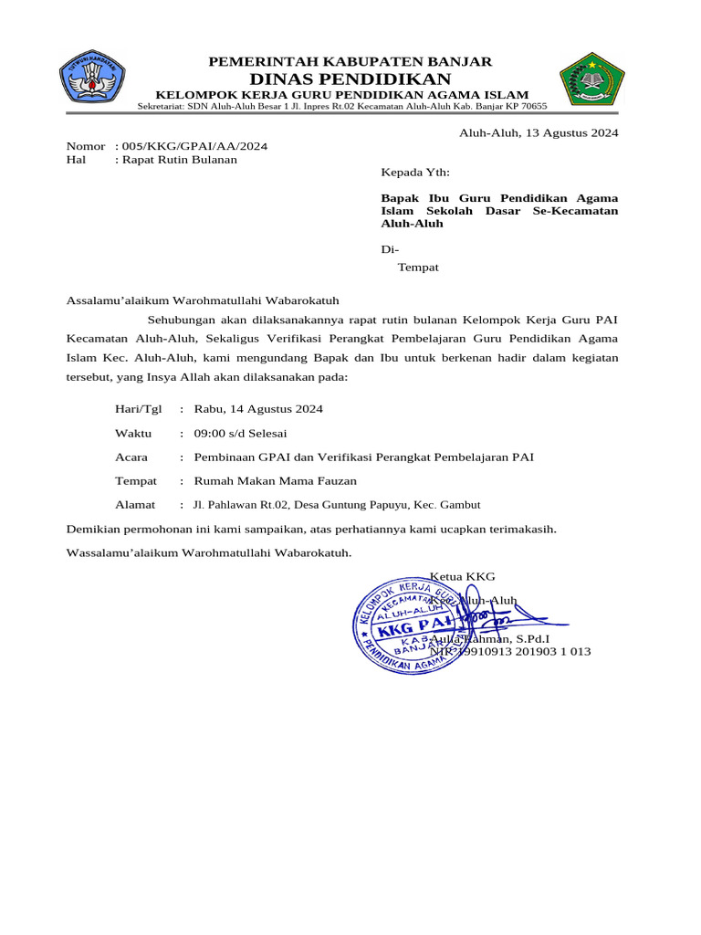 Undangan KKG Pai Agustus 2024 (Guru) | PDF