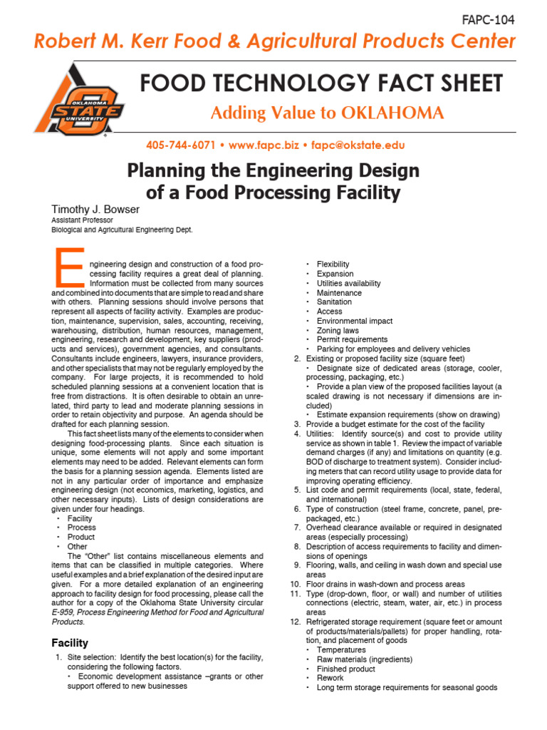 Planning The Engineering Design of A Food Processing Facility Fapc 104 ...