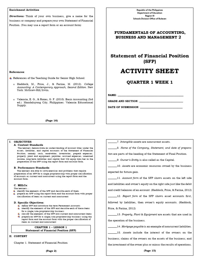 FABM2 LAS 1 Statement of Financial Position | PDF