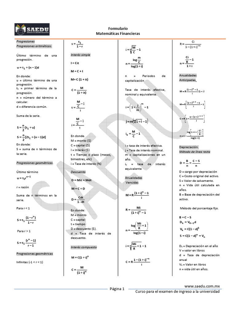 Formulario Matematicas Financieras | PDF