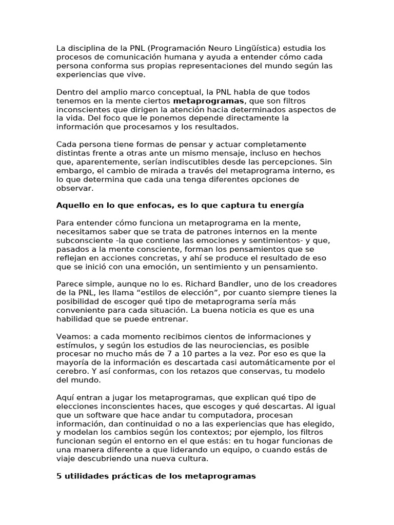 La Disciplina de La PNL - METAPROGRAMAS | PDF