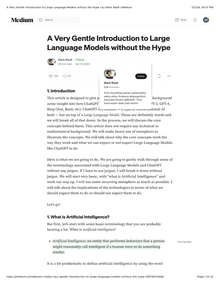 A Very Gentle Introduction To Large Language Models Without The Hype - by Mark Riedl - Medium | PDF