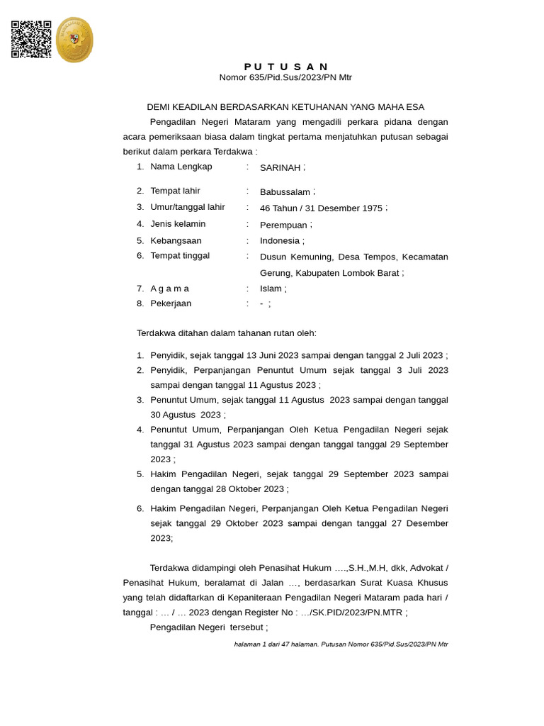 Putusan 635 Pid - Sus 2023 PN MTR 20240122141552 022528 | PDF