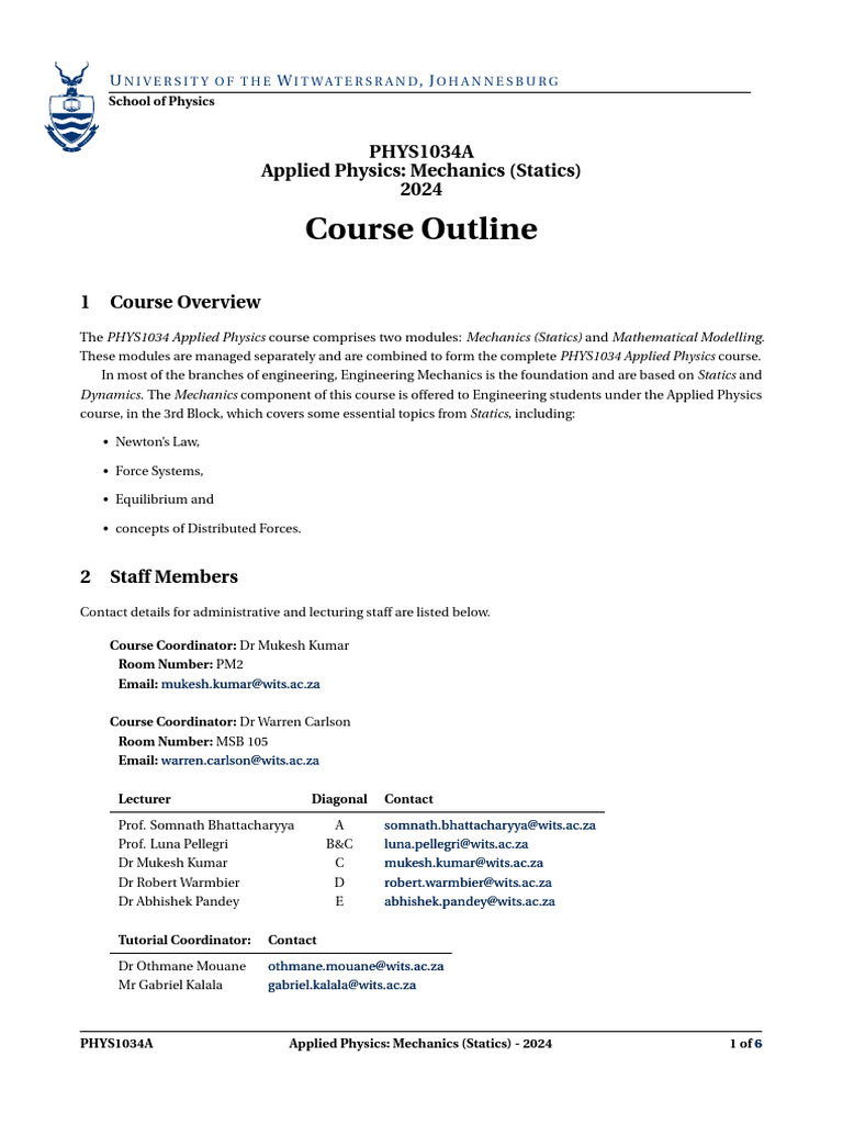 PHYS1034 Mechanics Statics Course Outline | PDF