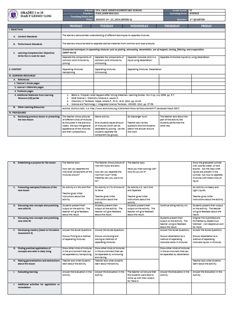 DLL - Science 6 - Q1 - W4 | PDF | Cognition | Behavior Modification