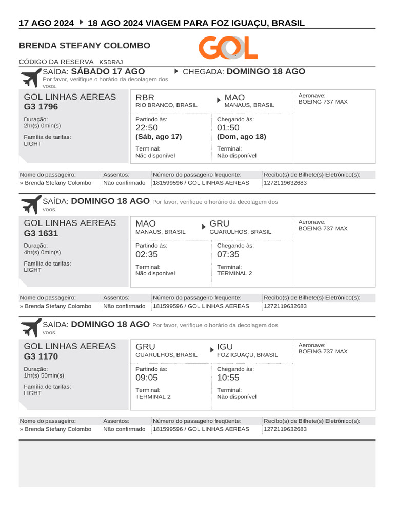 Reserva de Viagem 17 Agosto para BRENDA STEFANY COLOMBO | PDF