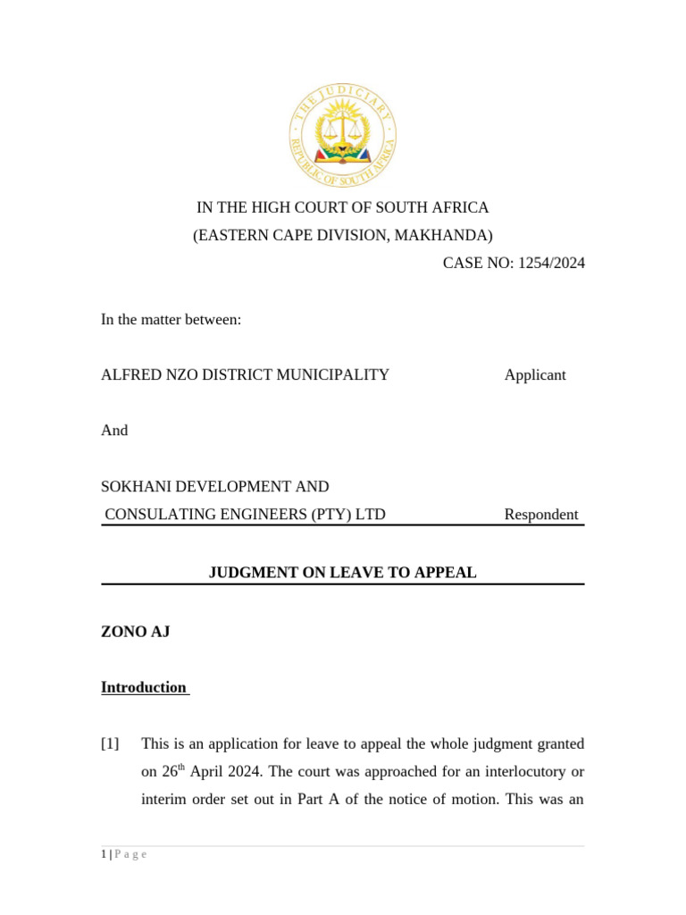 Alfred Nzo District Municipality V Sokhani Development and Consulting Engineers (Pty) LTD (Leave ...