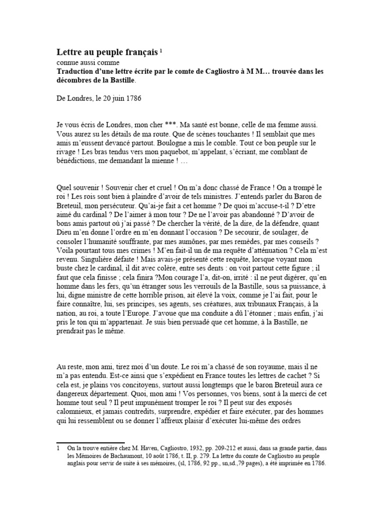 Cagliostro Letter To French People or Lettre Au Peuple Francais | PDF