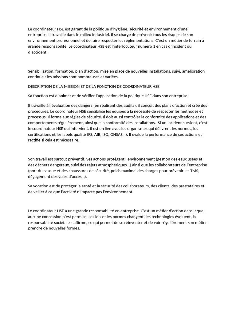 Coordinateur Hse | PDF