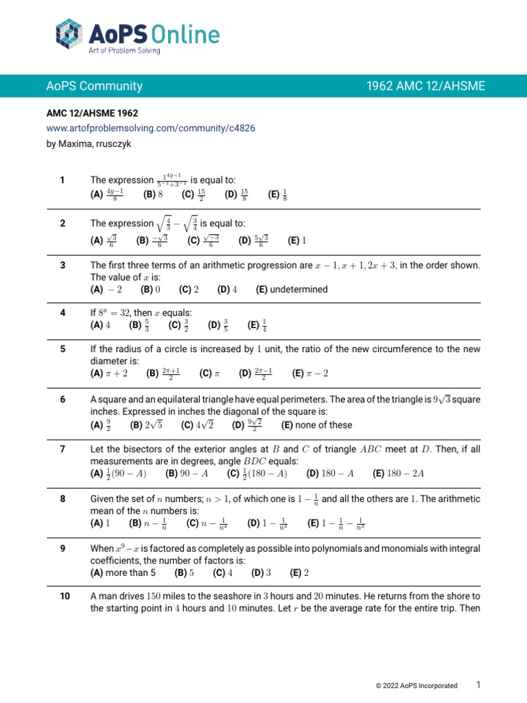 Amc 12-Ahsme 1962 | PDF