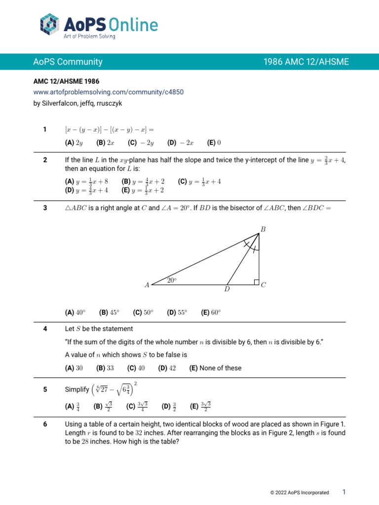 Amc 12-Ahsme 1986 | PDF
