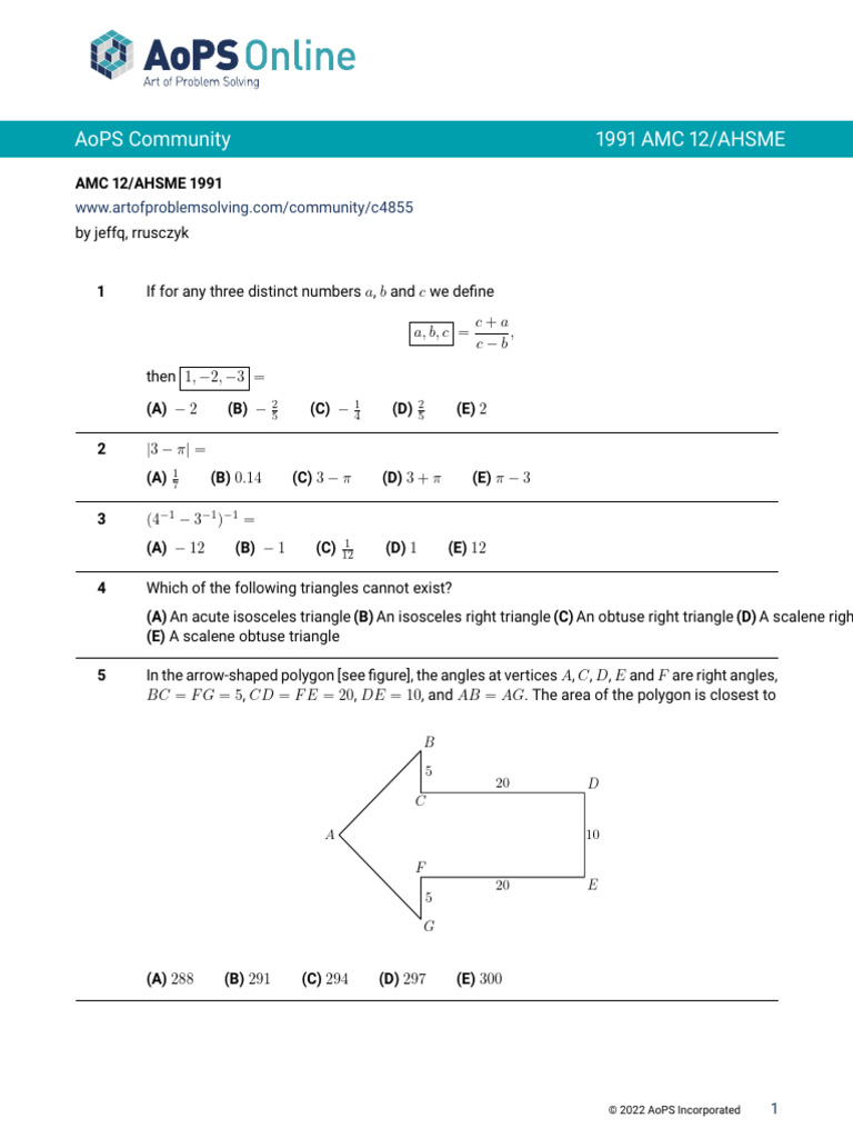 Amc 12-Ahsme 1991 | PDF