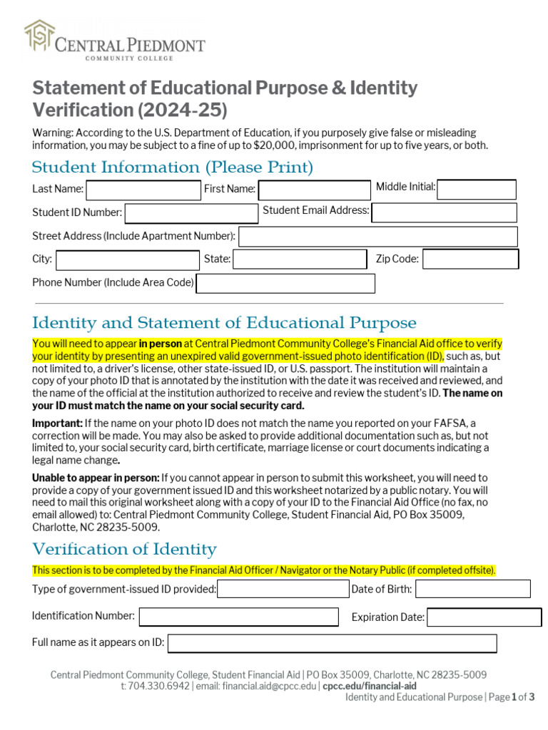 Statement of Educational Purpose - Identity Verification (2024-25) | PDF