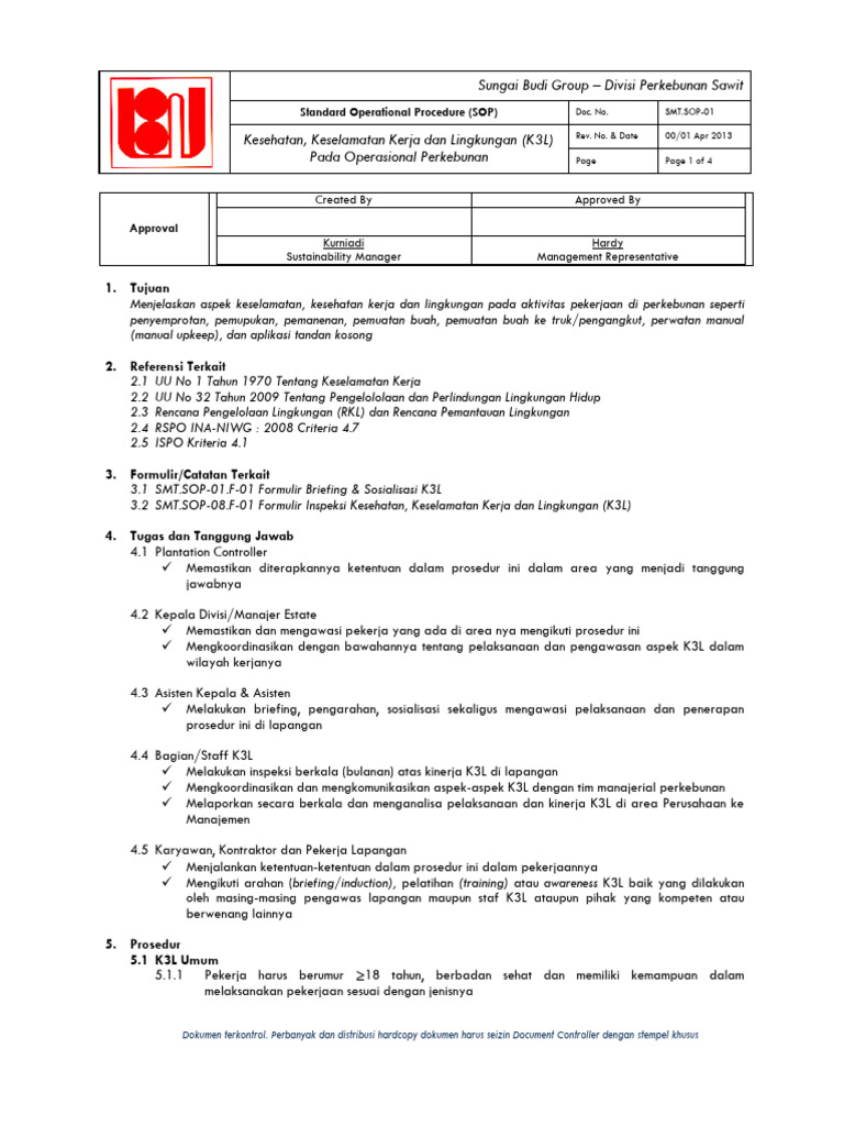 SMT - SOP-01 K3L Perkebunan | PDF
