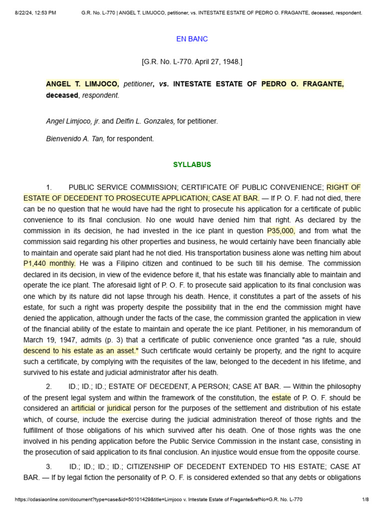 3 LIMJOCO v. INTERSTATE ESTATE OF PEDRO O. FRAGRANTE | PDF