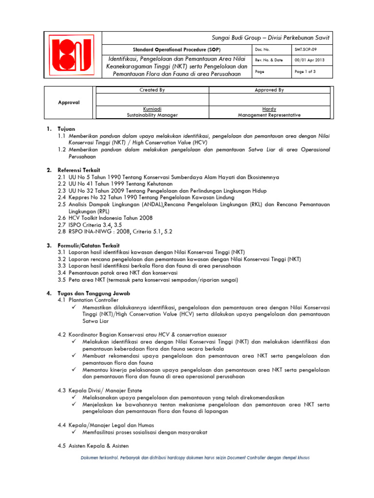 SMT - SOP-09 Identifikasi, Pengelolaan Dan Pemantauan NKT Serta Flora Dan Fauna | PDF