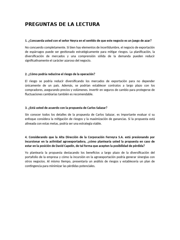 PREGUNTAS DE LA LECTURA EN CLASE | PDF