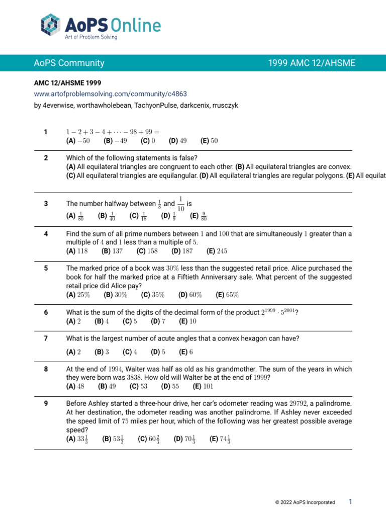 Amc 12-Ahsme 1999 | PDF