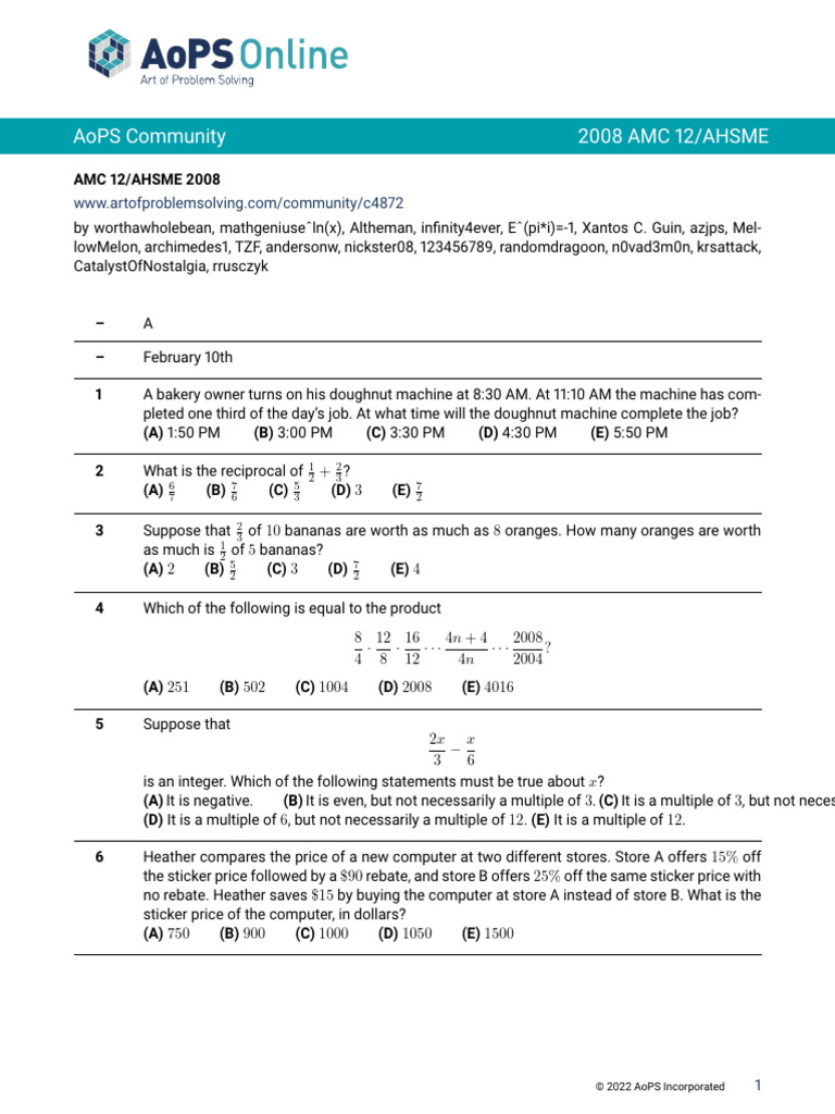 Amc 12-Ahsme 2008 | PDF