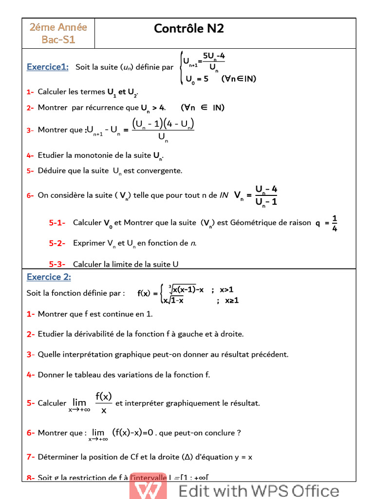 Devoir N2 Semestre 1 Maths 2eme Bac Sciences PC Word Modele - 2 | PDF