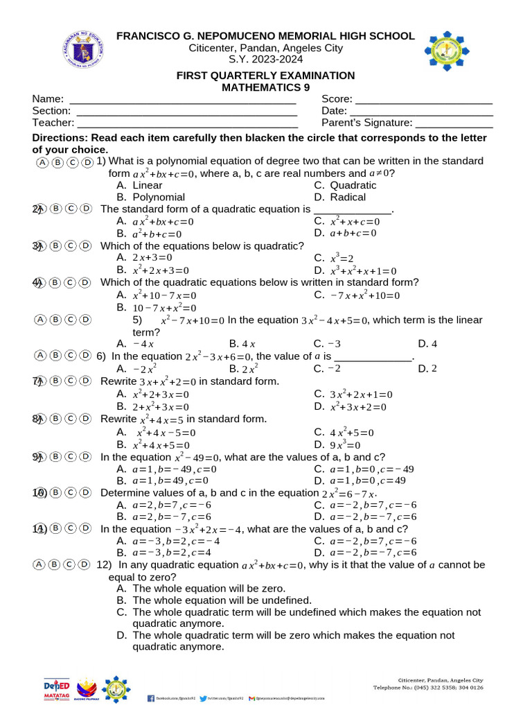 Final Copy - MATHEMATICS-9 - FIRST-QUARTERLY-EXAMINATION - 2023-2024 | PDF