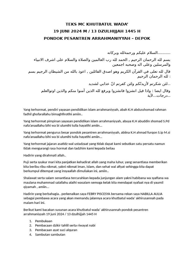 Teks MC Khutbatul Wada | PDF