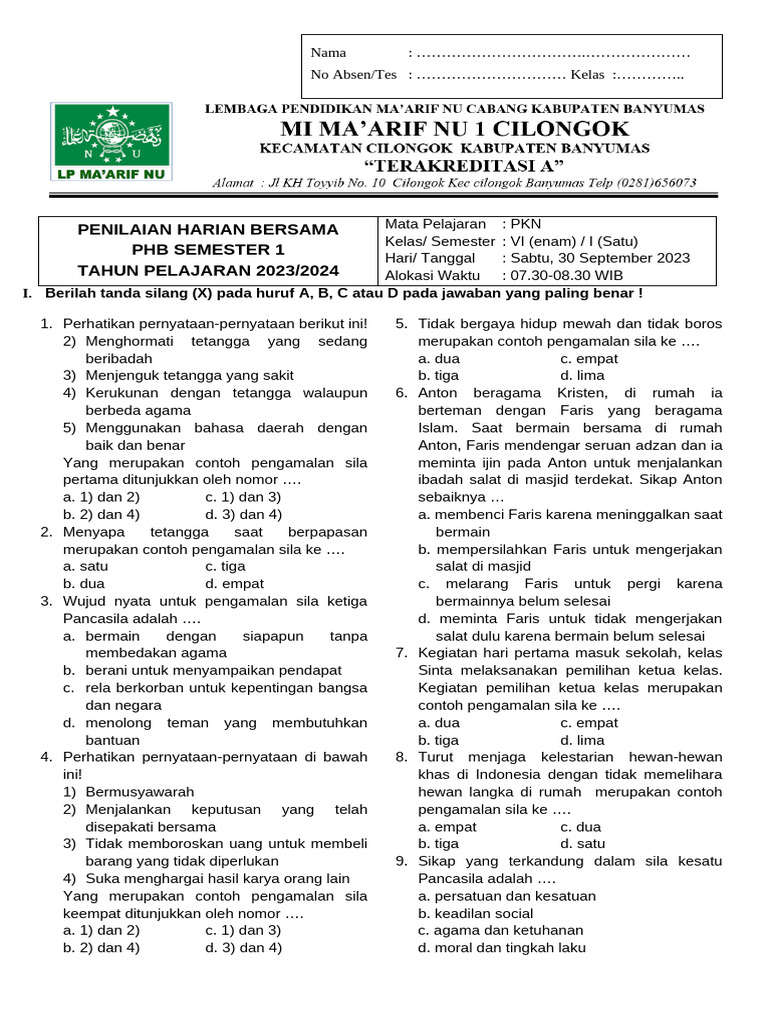 PHB 1 PKN Kelas 6 23-24 | PDF