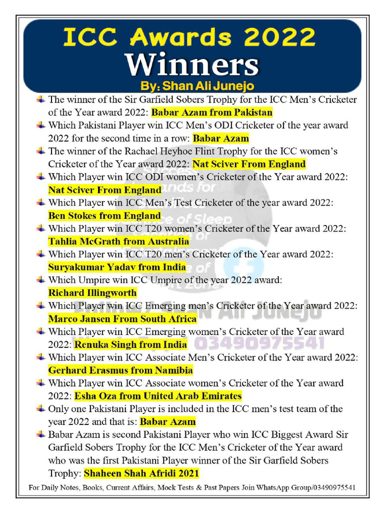 Information About ICC Awards 2022 Winners | PDF