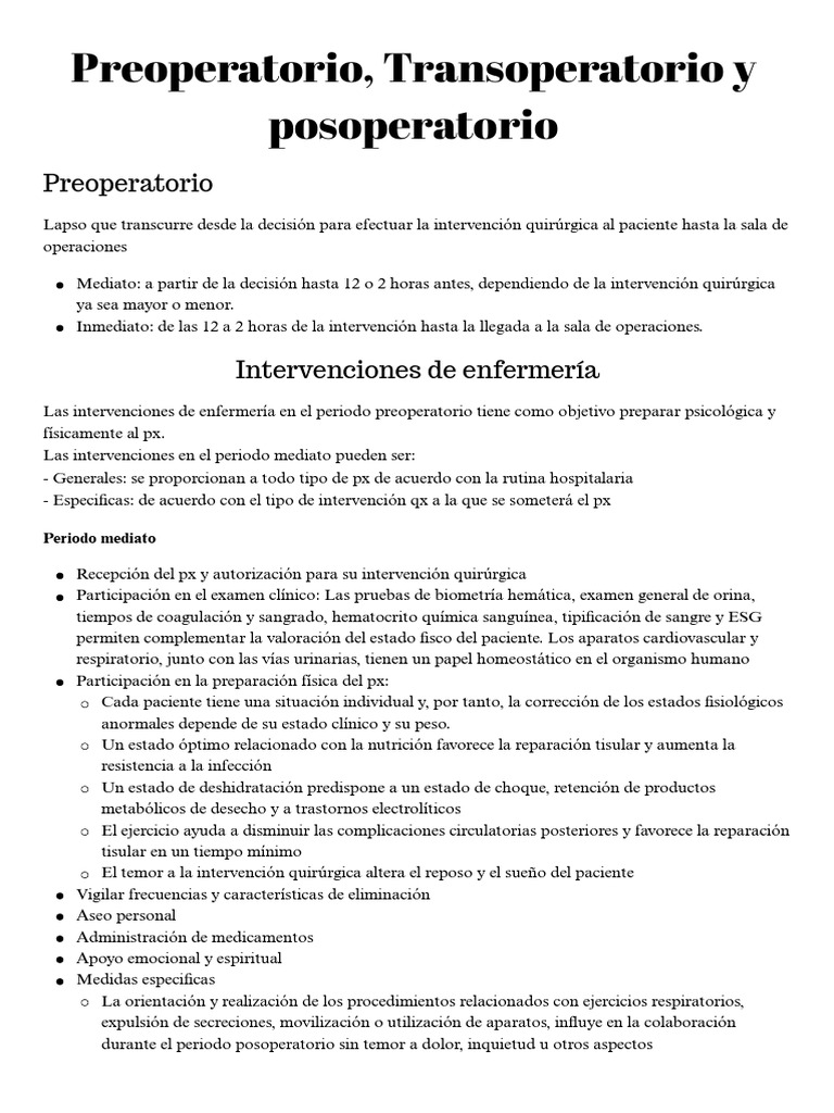 Preoperatorio, Transoperatorio y Posoperatorio | PDF