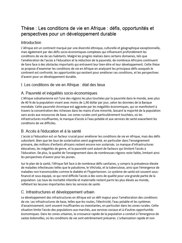 Thèse: Les Conditions de Vie en Afrique: Défis, Opportunités Et ...