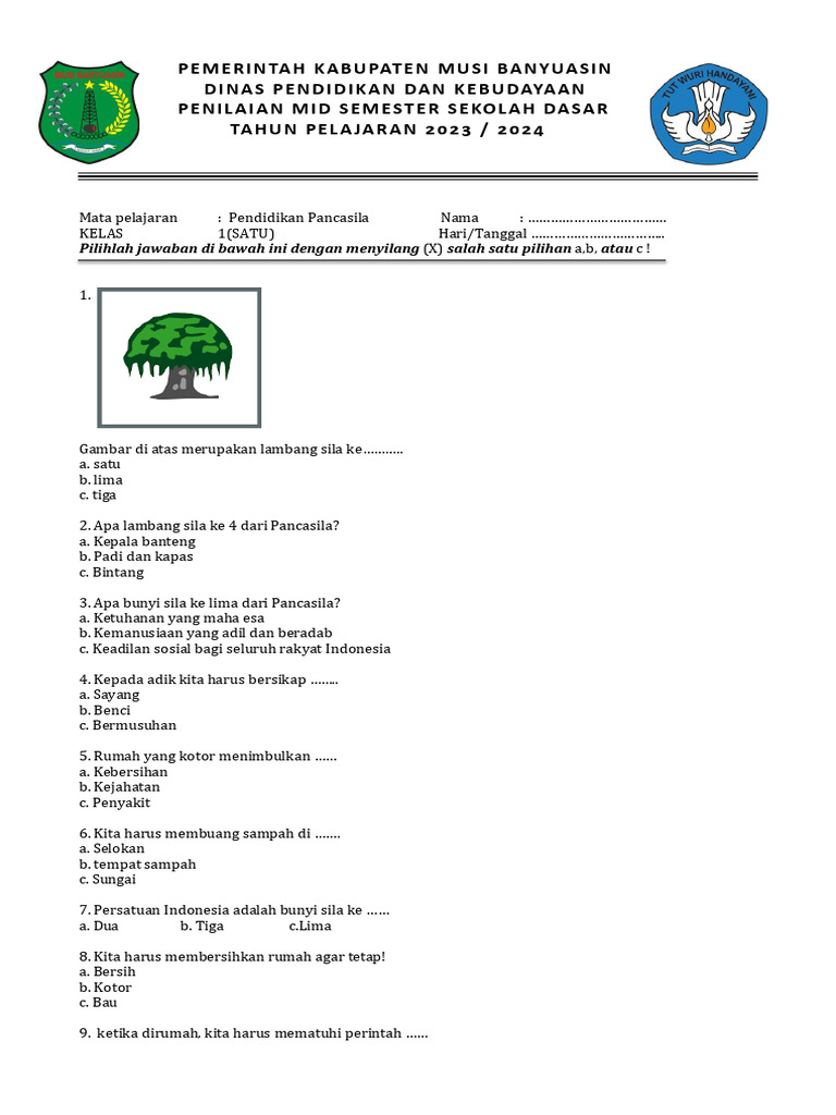 Soal Ulangan Mid Semester Kelas 1 SD PKN | PDF