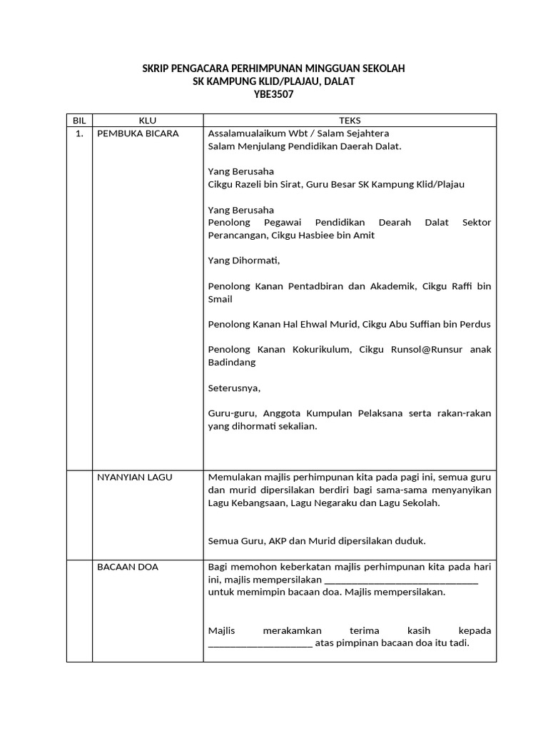 Skrip Pengacara Perhimpunan Mingguan Sekolah | PDF