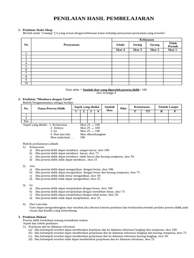 Contoh Lembar Penilaian Hasil Belajar | PDF