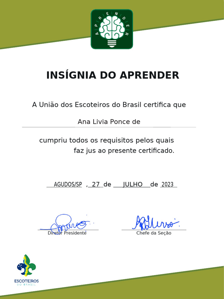 Certificado Da Insígnia Do Aprender Escoteiro | PDF