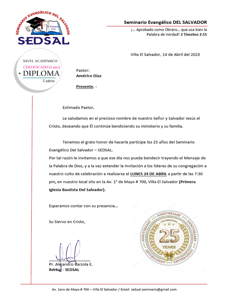 Carta de Invitación 25 Años SEDSAL Pr. Americo Diaz | PDF