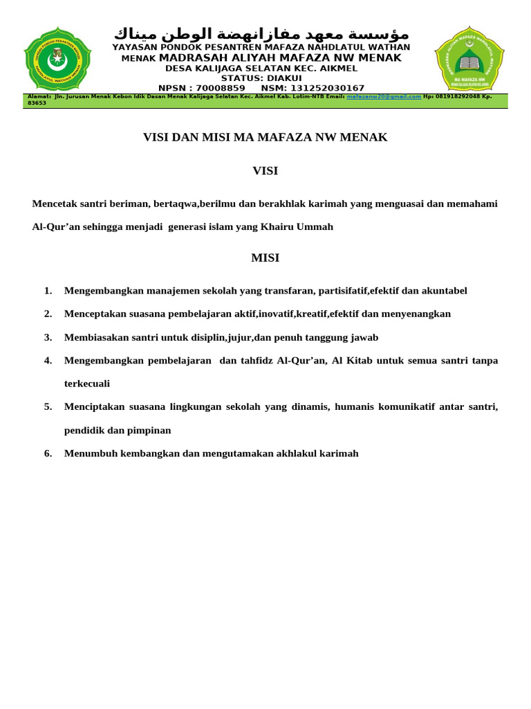 Visi Misi Ma Mafaza NW Menak | PDF
