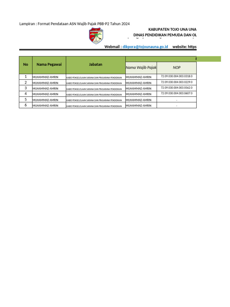 Format Pendataan ASN Wajib Pajak PBB-P2 Tahun 2024 | PDF