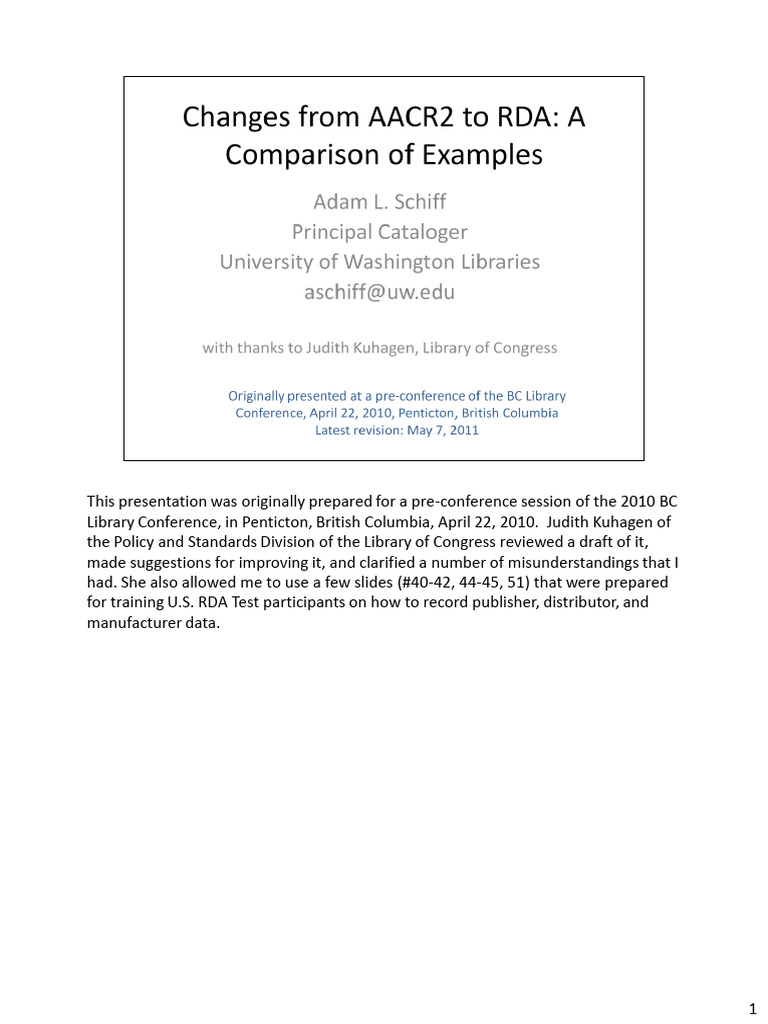 Changes From AACR2 To RDA | PDF