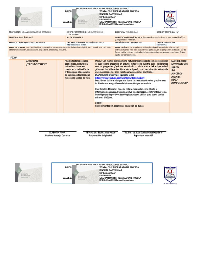 Plan Tec Ii 2do Sec Sem 8-12 Abril | PDF
