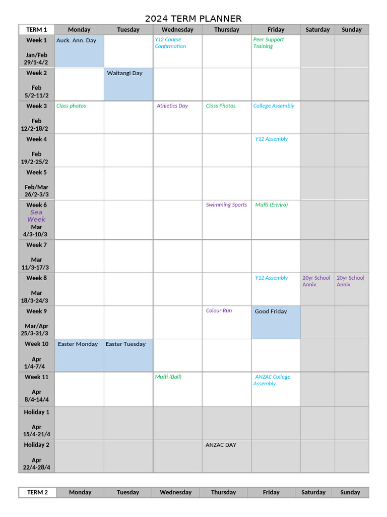 Term Planner 2024 Blank Year 12 Students | PDF