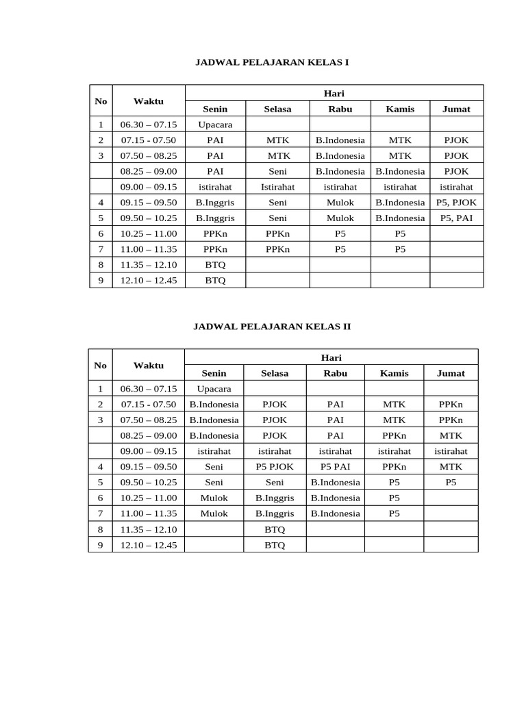 JADWAL PELAJARAN 5 Hari Kerja | PDF