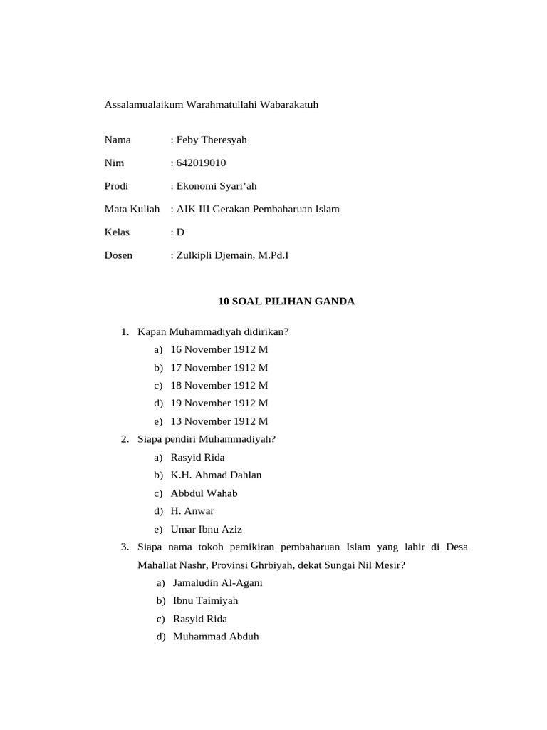 Feby Theresyah - 642019010 - Esy - 10 Soal Pilgan Dan Jawabannya | PDF