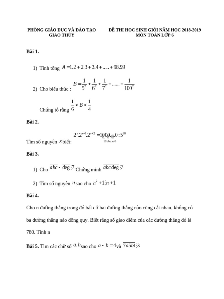 026 - Đề HSG Toán 6 - Giao Thủy - 2018-2019 | PDF