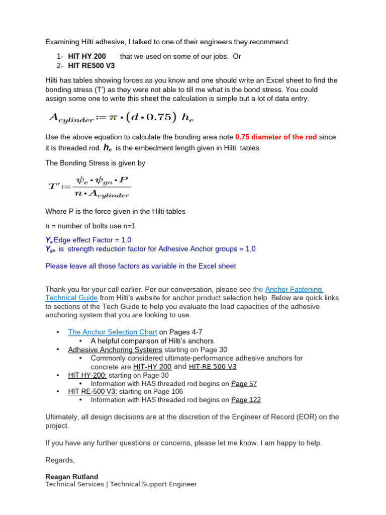How To Find Bond Stress For Threaded Rods Anchors From Hilti Tables | PDF