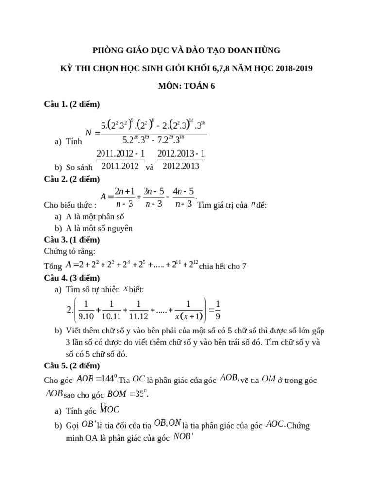 041 - Đề HSG Toán 6 - Đoan Hùng - 2018-2019 | PDF